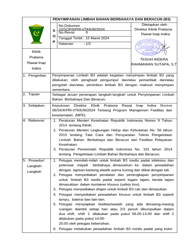 SOP PENYIMPANAN LIMBAH B3 | PDF