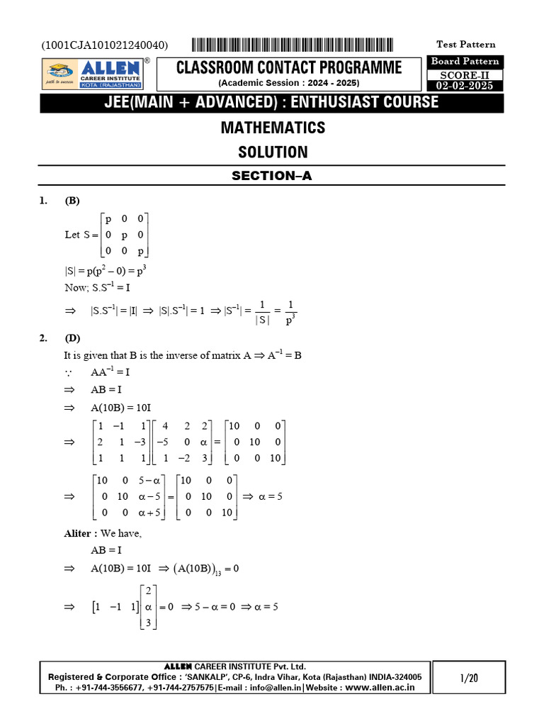 Allen Maths Answer Key PDF | PDF | Mathematical Objects | Mathematical ...