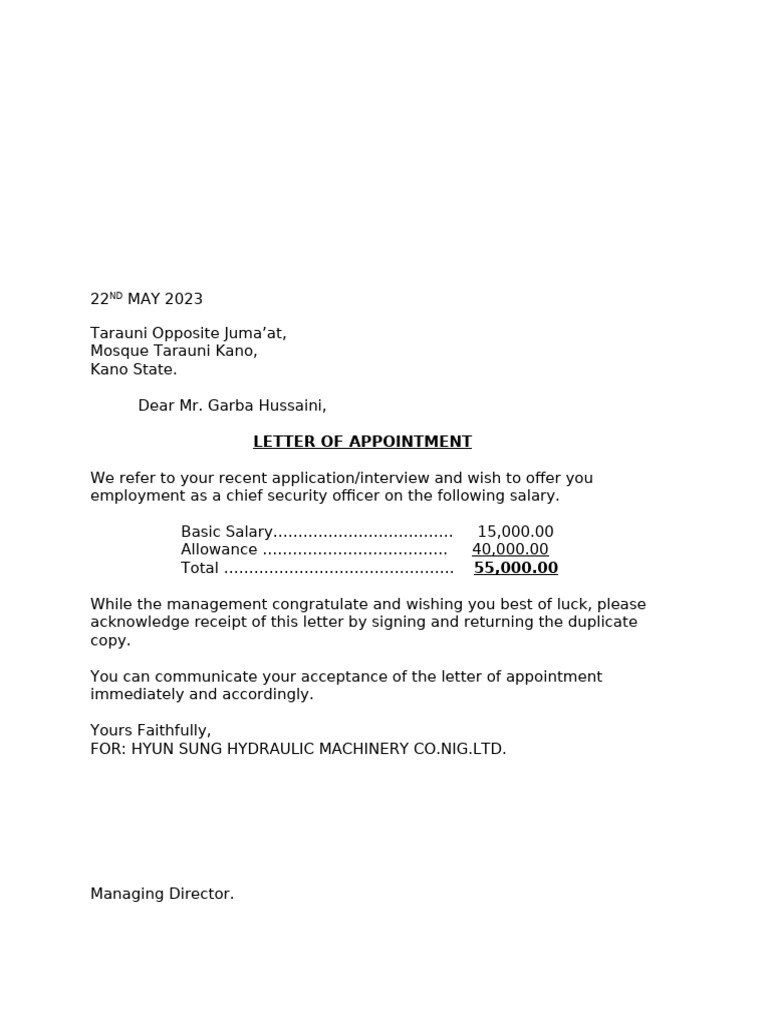 APPOINTMENT LETTER | PDF