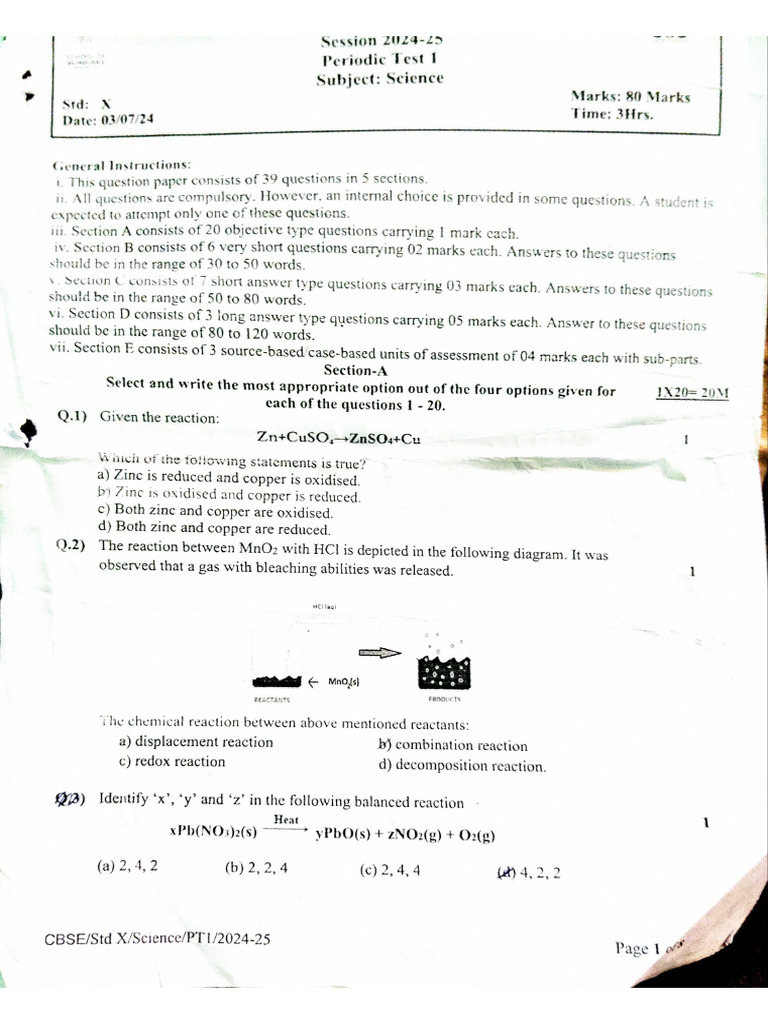 Class 10TH Cbse Science Exam Sample Paper 80mark | PDF