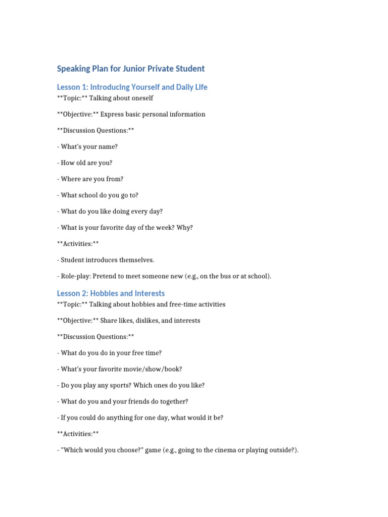 Speaking Plan Junior Student | PDF