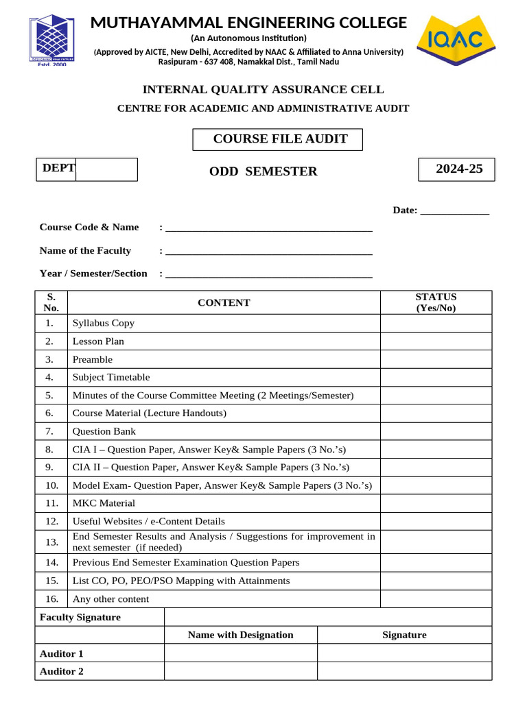 Course File Check List - Auditor | PDF