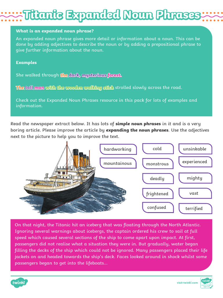 Titanic Expanded Noun Phrases Activity Sheets | PDF