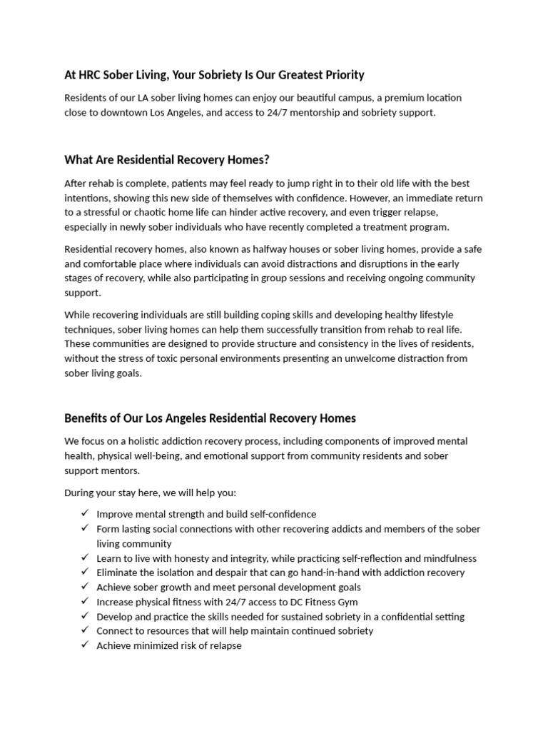 HRC Sober Living - Benefits | PDF | Drug Rehabilitation | Mental Health