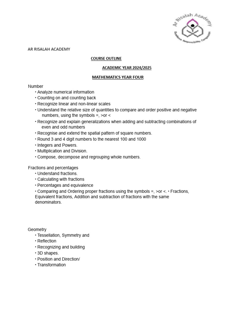 Year 4 Mathematics Course Outline 2024 | PDF