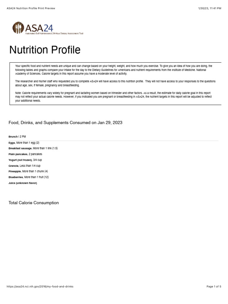 1st ASA24 Nutrition Profile Print Preview (Jan 29th Foods) | PDF ...