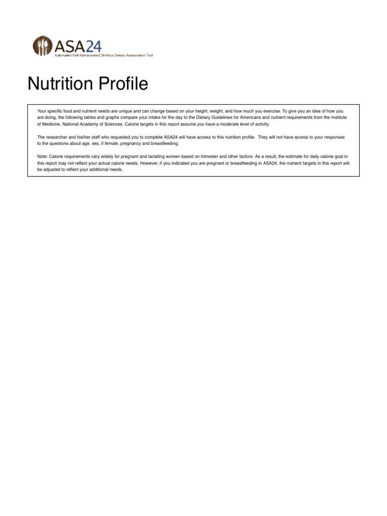 Daily Nutrition Profile Summary | PDF | Foods | Nutrients
