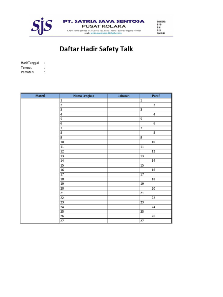 Daftar Hadir Safety Talk | PDF