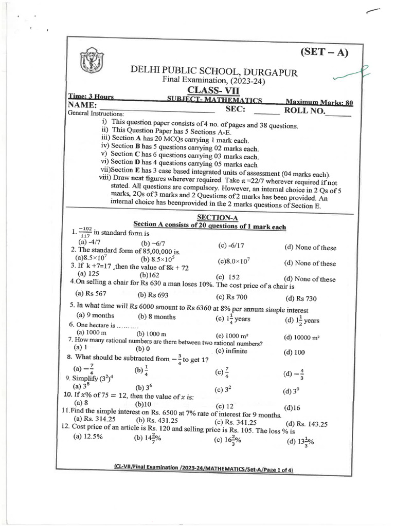 Class 7 Final Exam Maths 2023-24 | PDF