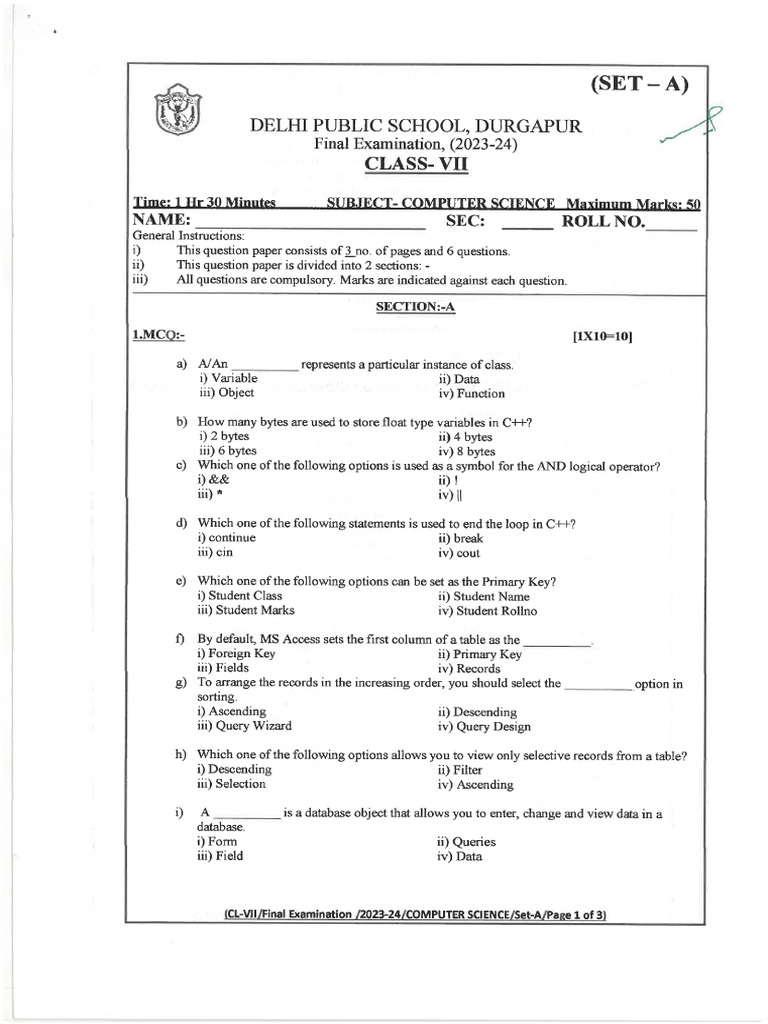 Class 7 Final Exam Computer Science 2023-24 | PDF
