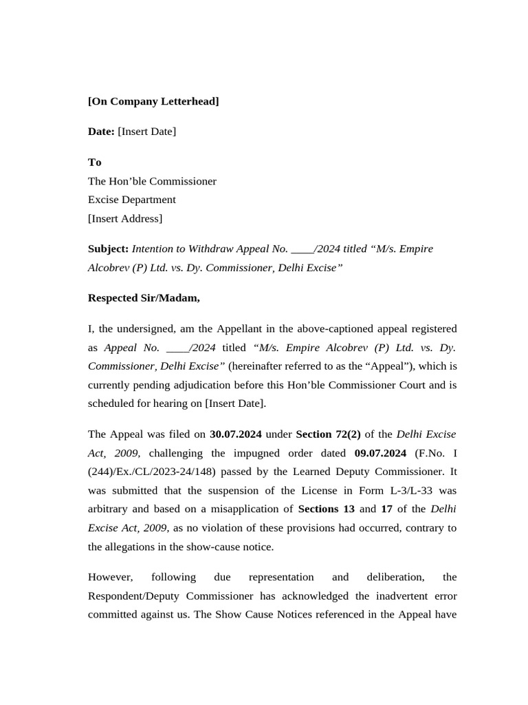 Letter of Intention To Withdraw The Appeal | PDF