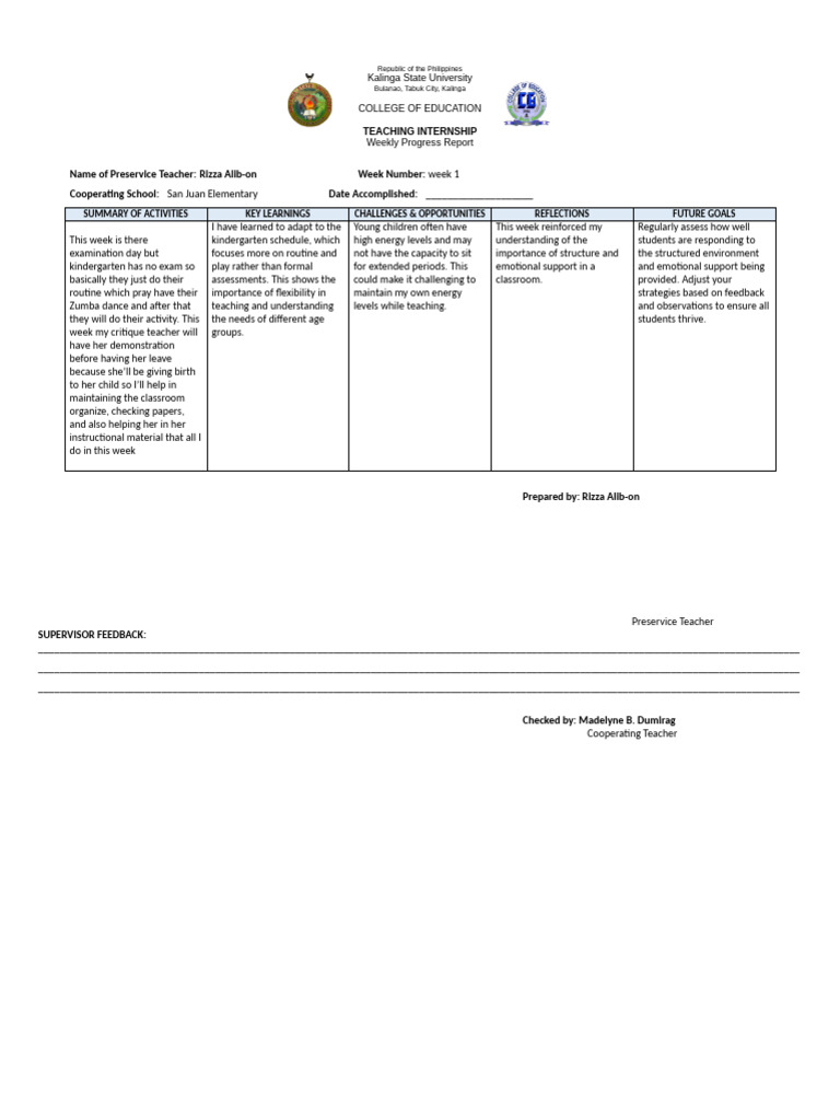 Weekly Progress Report Form | PDF | Teachers | Human Communication