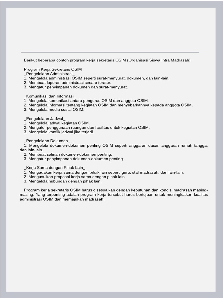 Program Kerja Sekertaris Osim | PDF
