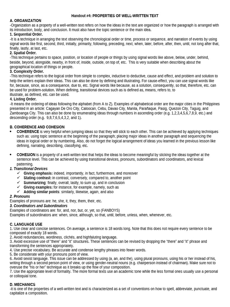 Handout PROPERTIES OF WELL WRITTEN TEXT | PDF | Sentence (Linguistics ...