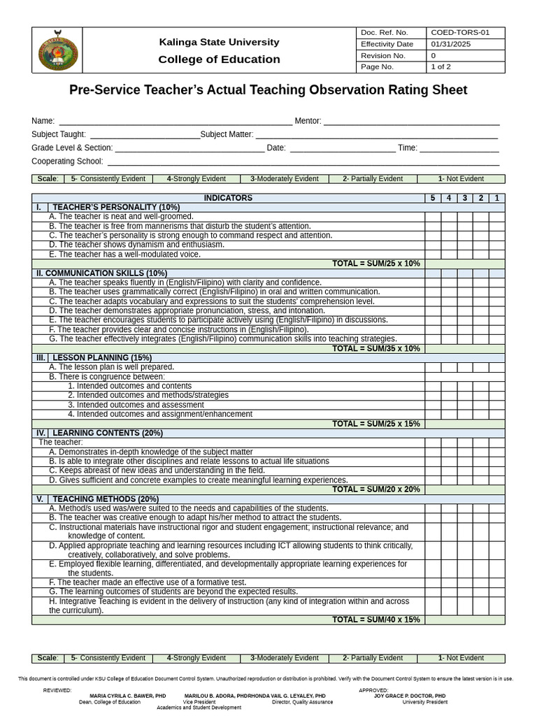 Pre-Service Teacher Observation Rating Sheet | PDF | Teachers | Learning