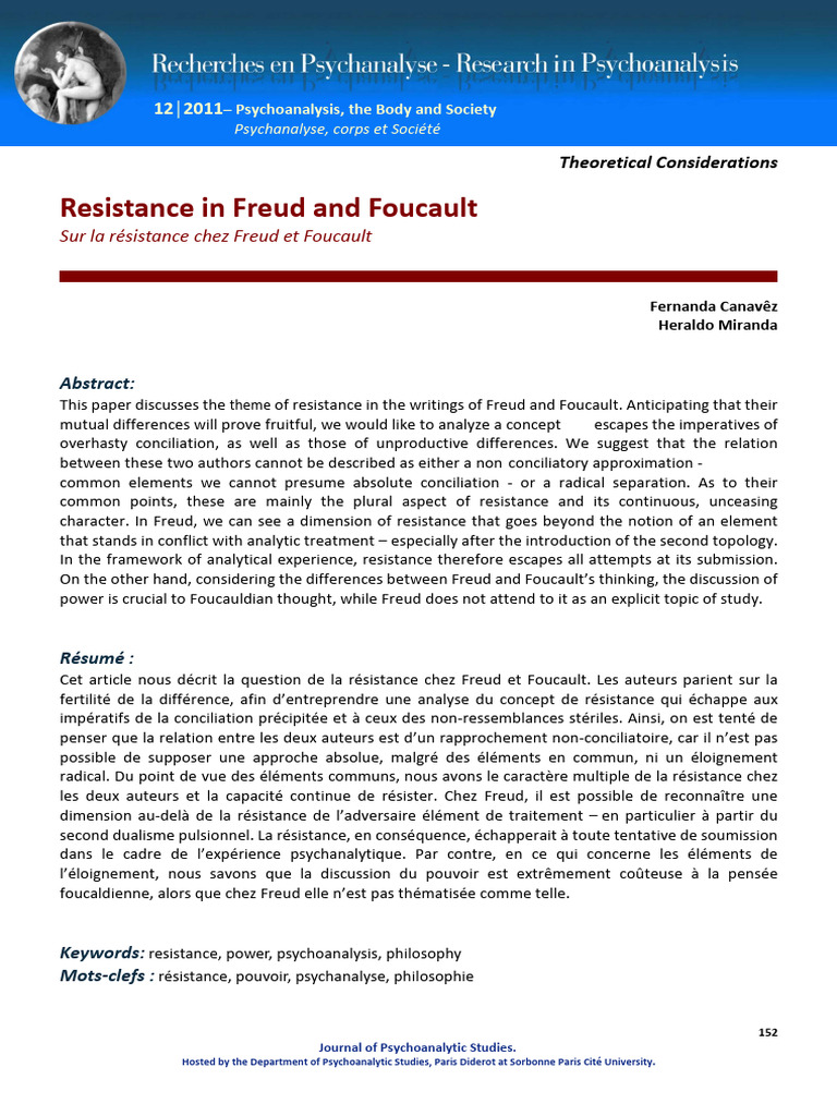 Resistance in Freud and Foucault | PDF | Psychoanalysis | Sigmund Freud