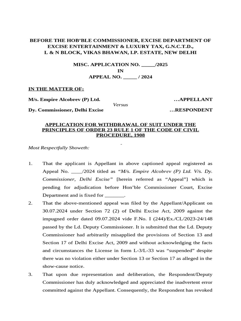 Application under CPC for Withdrawal of Appeal Before Excise Department ...