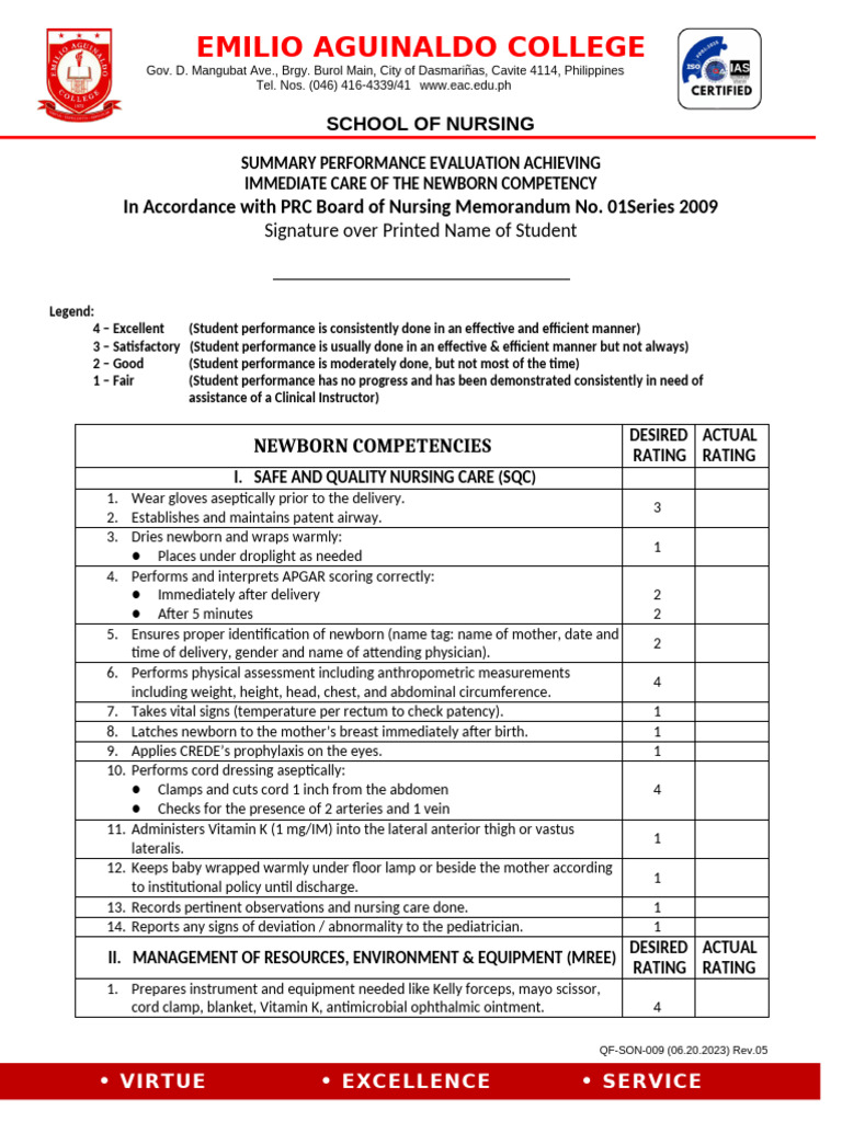 Care of The Newborm Performance Eval Tool | PDF | Clinical Medicine ...