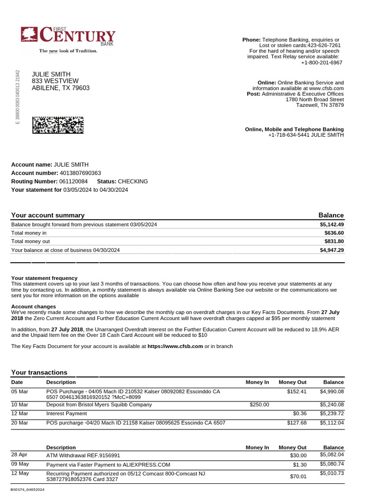 FIRST Century Bank Statement US-exel | PDF | Overdraft | Transaction Account