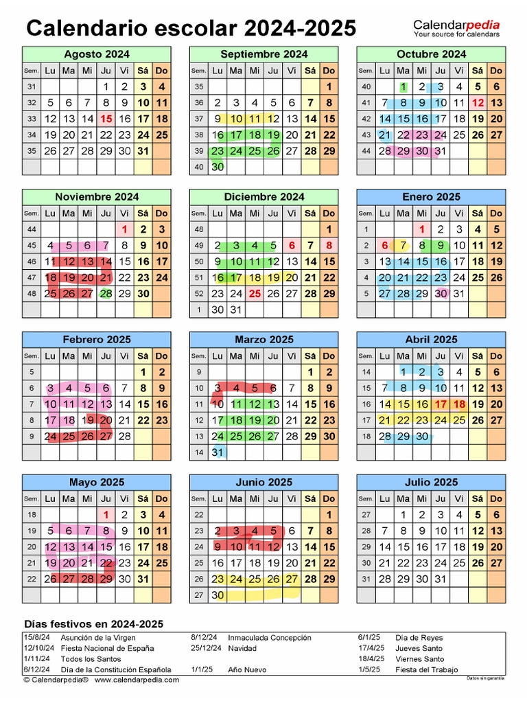 Calendario Escolar 2024 2025 Plantilla | PDF