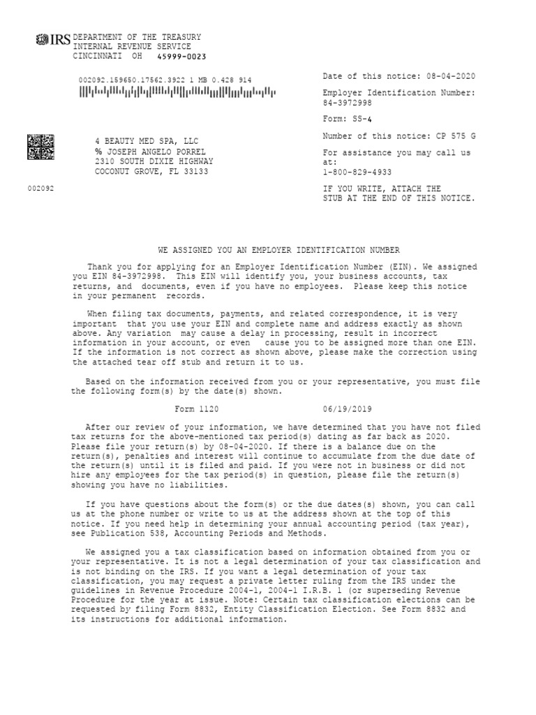 EIN Assignment Notice for 4 Beauty Med Spa | PDF | Internal Revenue Service | Government Finances