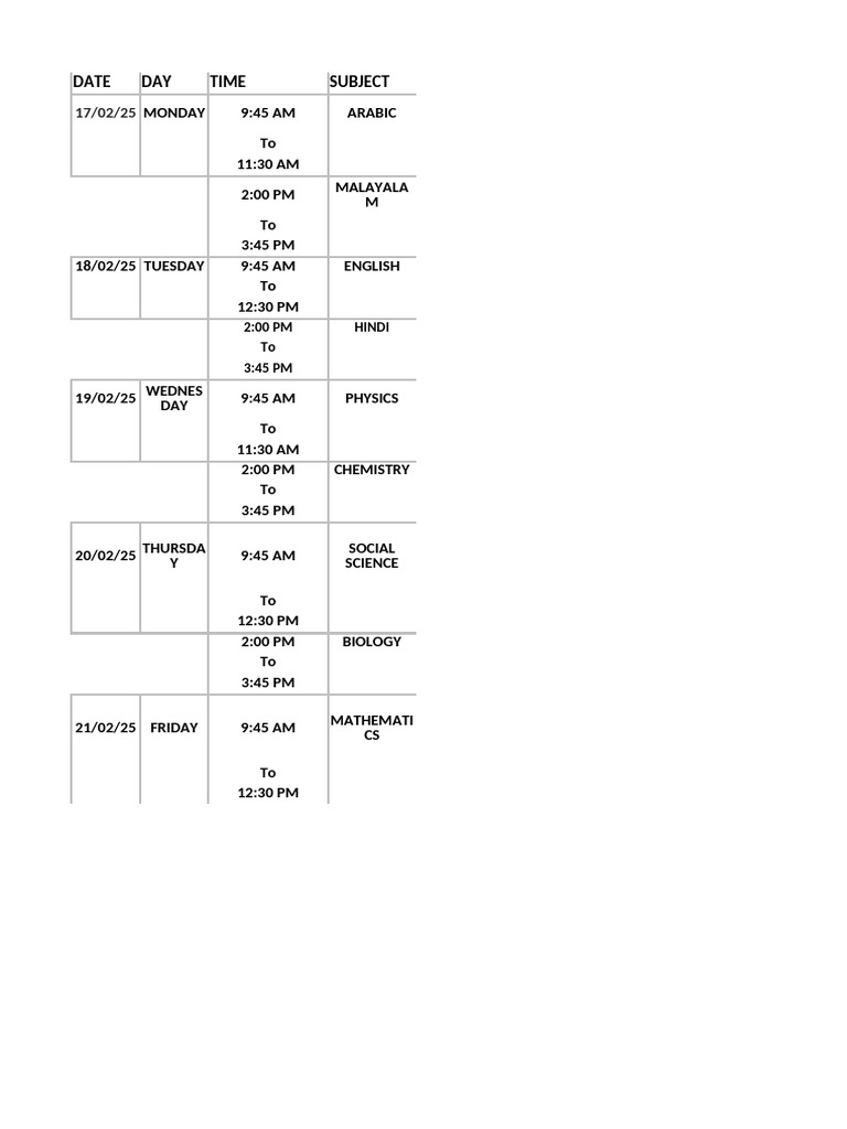 SSLC Model Time Table | PDF