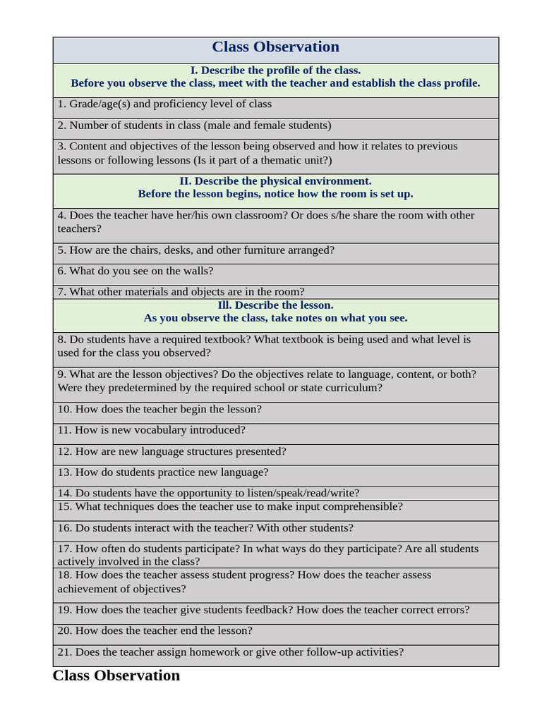 Class Observation Sheet | PDF | Classroom | Teachers