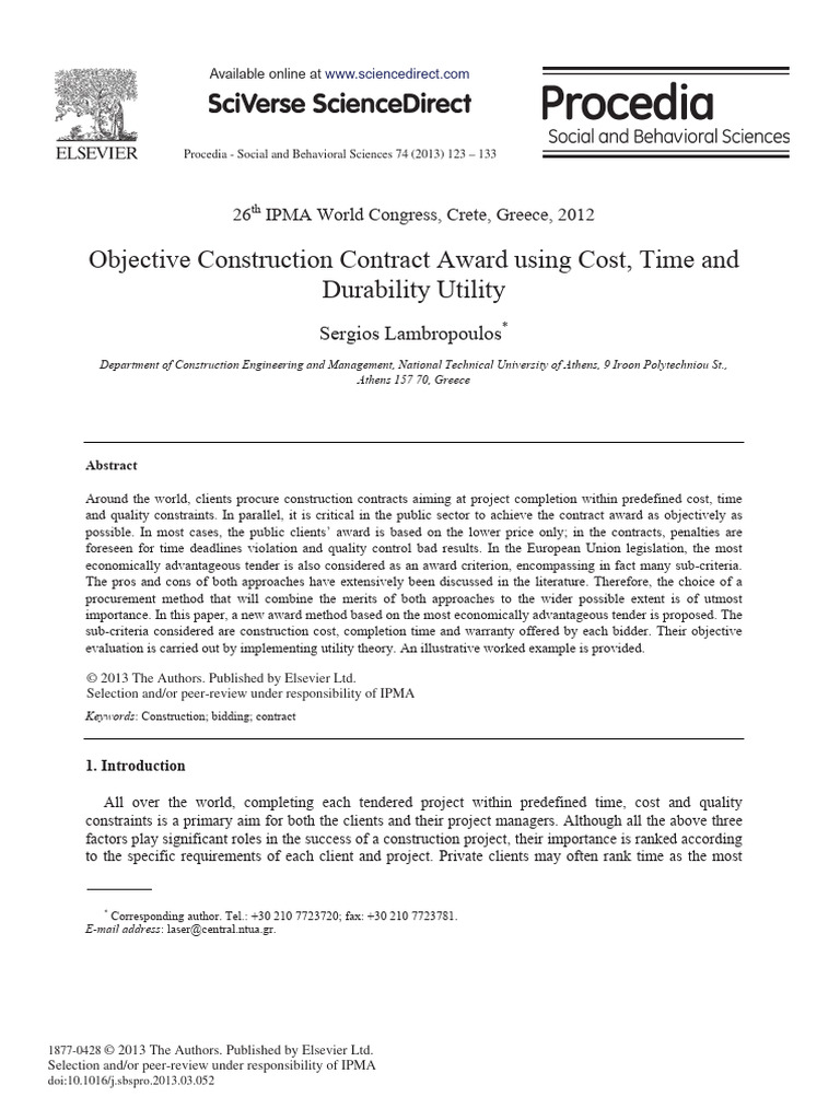 Objective Construction Contract Award Using Cost T | PDF | Risk ...