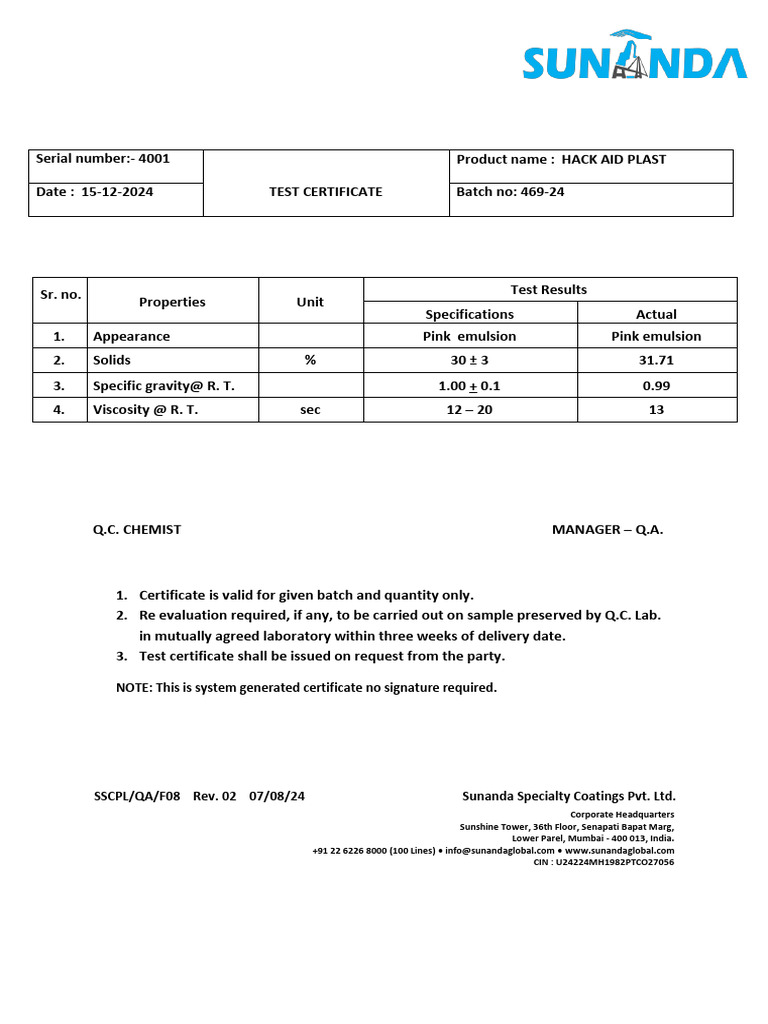 Test Certificate for Hack Aid Plast | PDF