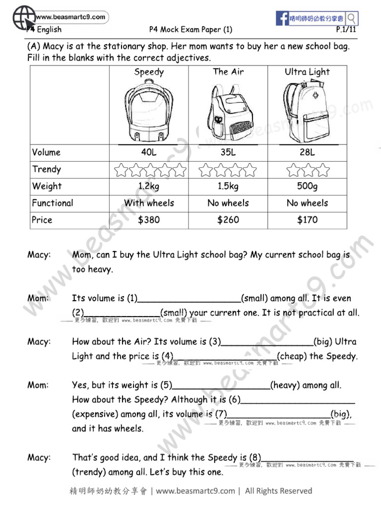 P4 4A English Term 1 Exam (Mock Paper) | PDF