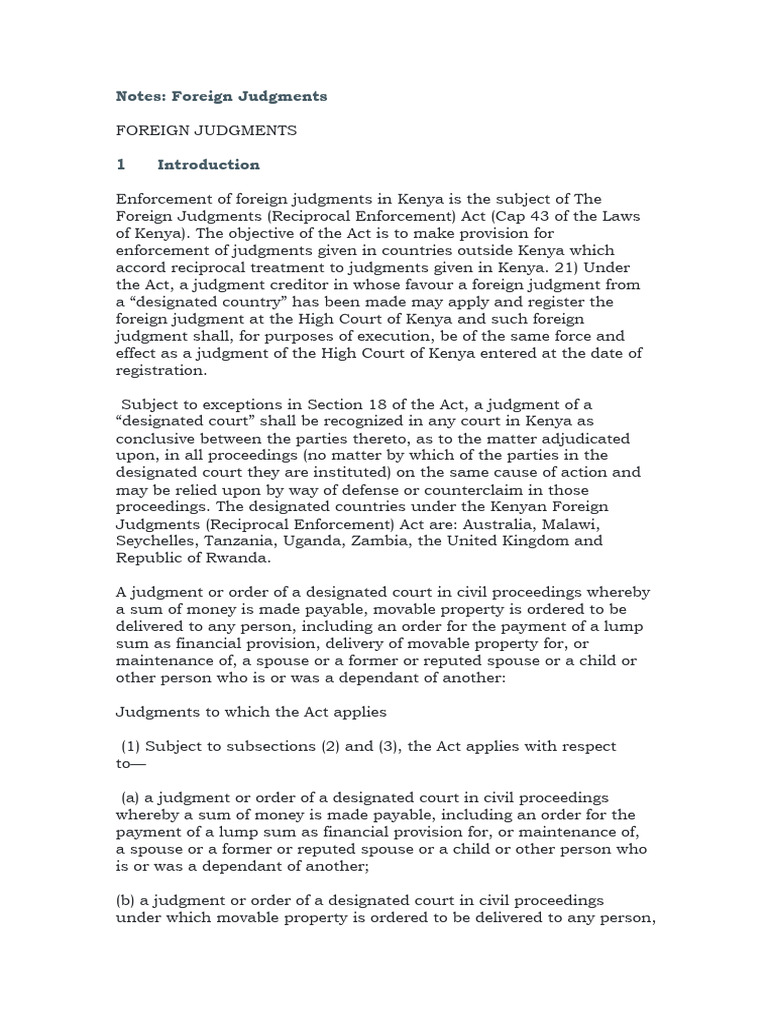 Enforcement of Foreign Judgments in Kenya | PDF | Judgment (Law ...