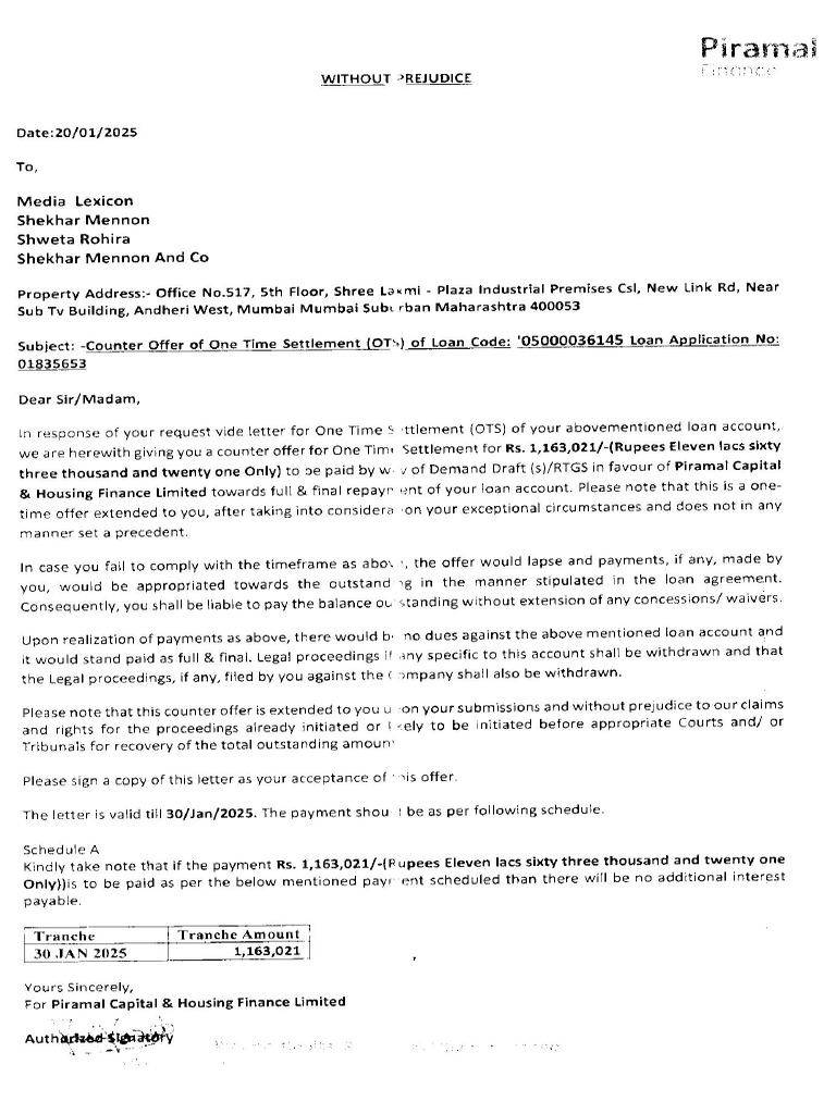 Piramal - OTS Letter - 20 Jan 2025 | PDF