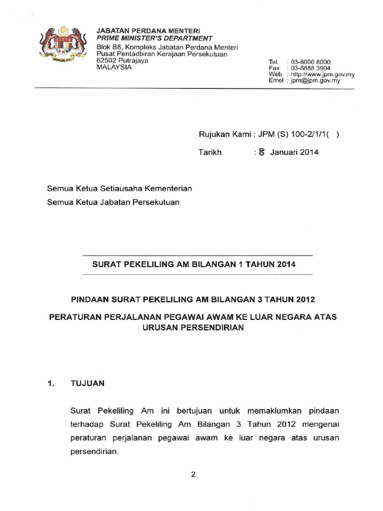 Surat Pekeliling Am Bil 1 Tahun 2014 - Pindaan Borang Peraturan Perjalanan Pegawai Awam Ke Luar ...