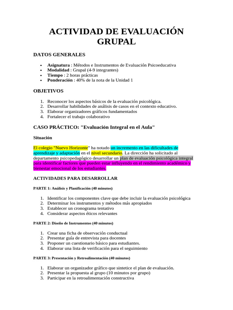 ACTIVIDAD DE EVALUACIÓN GRUPAL - Docxevaluación Continua | PDF | Sicología | Evaluacion psicologica