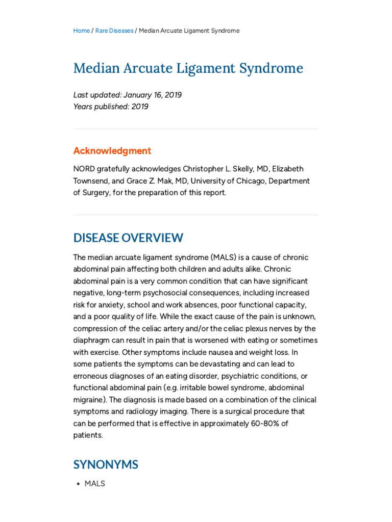 Median Arcuate Ligament Syndrome - MALS Disease Symptoms | PDF | Medical Specialties | Diseases ...