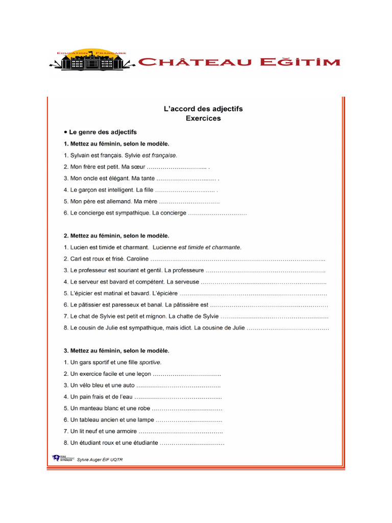 Exercice Sur L Accord Des Adjectifs | PDF