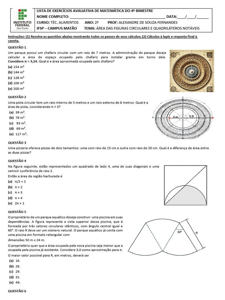 LISTA AVALIATIVA - 2º ALIM - P2 - 4º BIM - ÁREA DAS FIGURAS CIRCULARES 1 | PDF | Metro ...