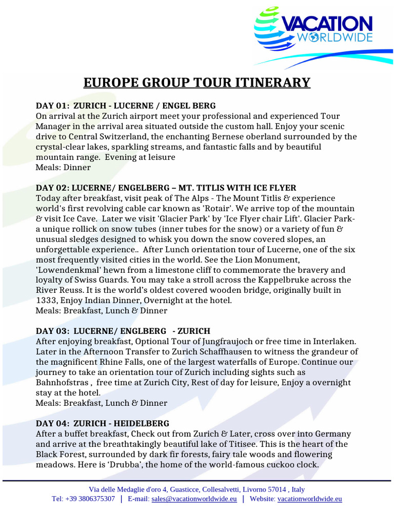 10 DAYS EUROPE GROUP TOUR ITINERARY | PDF | Paris | Meal