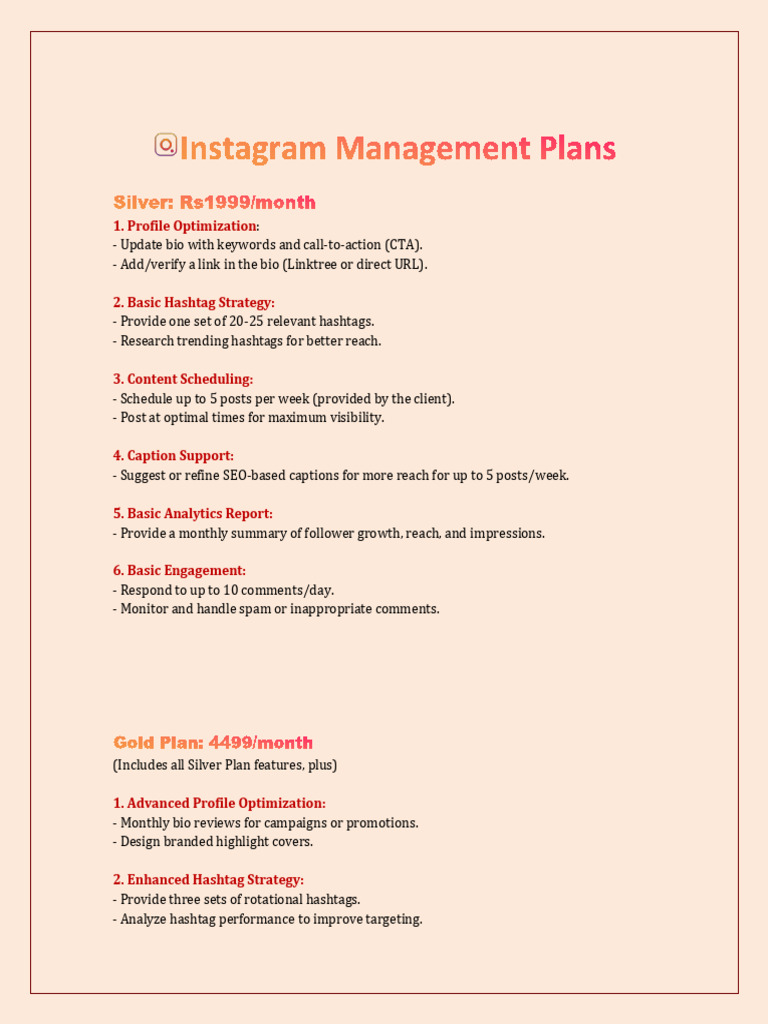 Instagram Management Plans | PDF | Analytics | Hashtag
