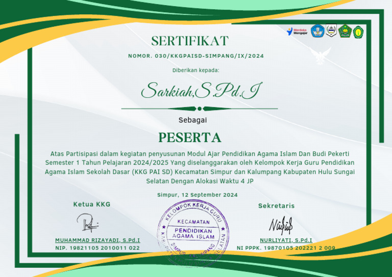Sertifikat Peserta KKG 2024 | PDF
