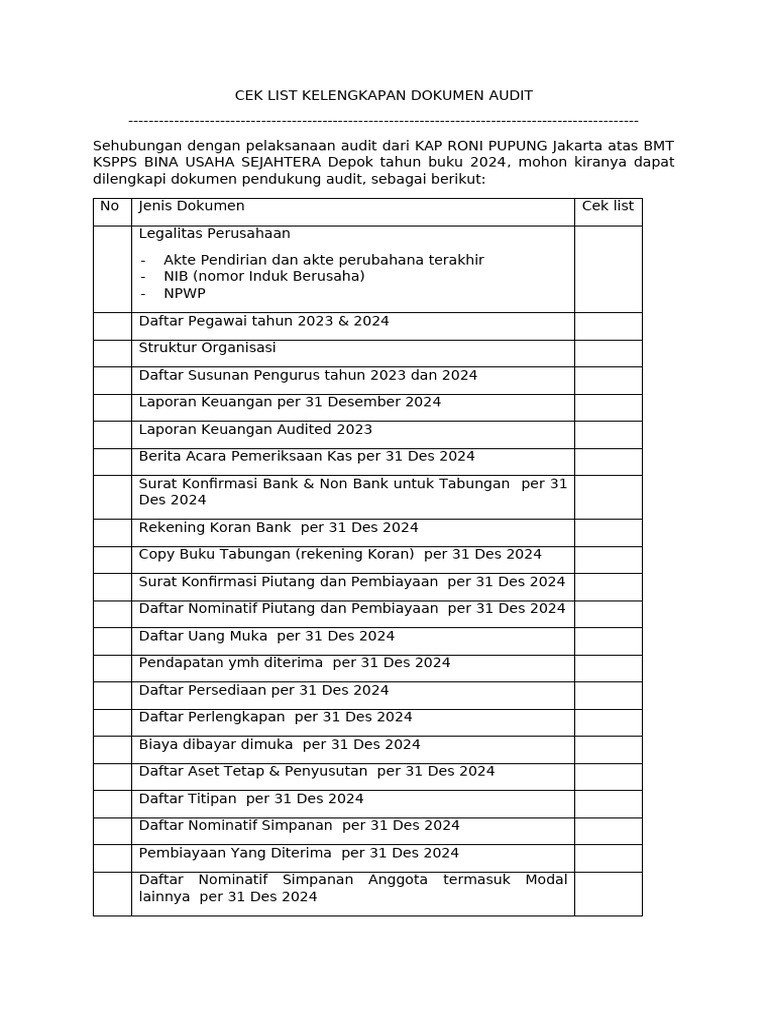 Cek List Dokumen Audit KAP Roni Pupung | PDF