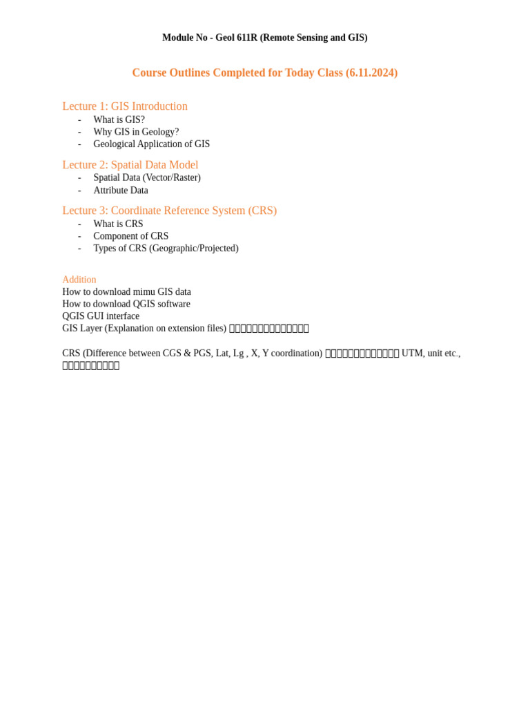 GIS and Remote Sensing Course Outline | PDF