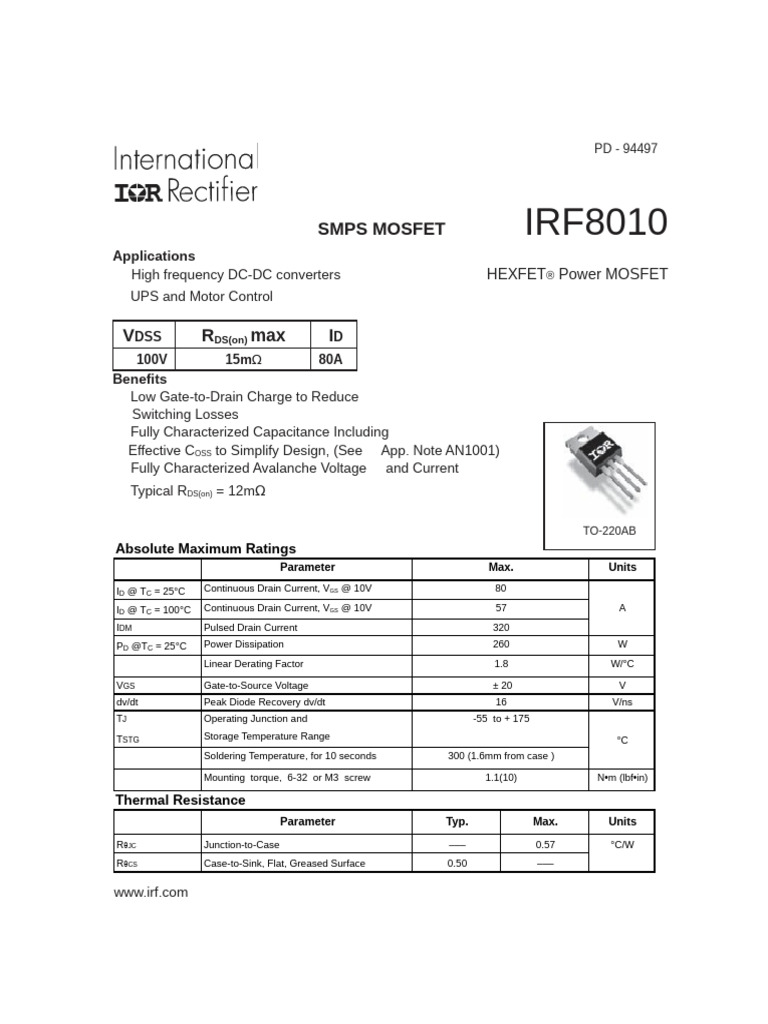 IRF8010 Data | PDF | Diode | Field Effect Transistor