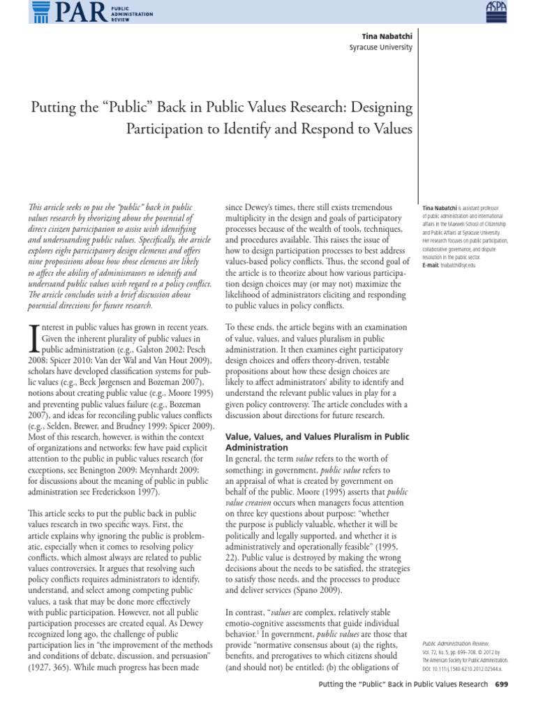 Nabatchi (2012) Putting The Public Back in Public Values Research ...
