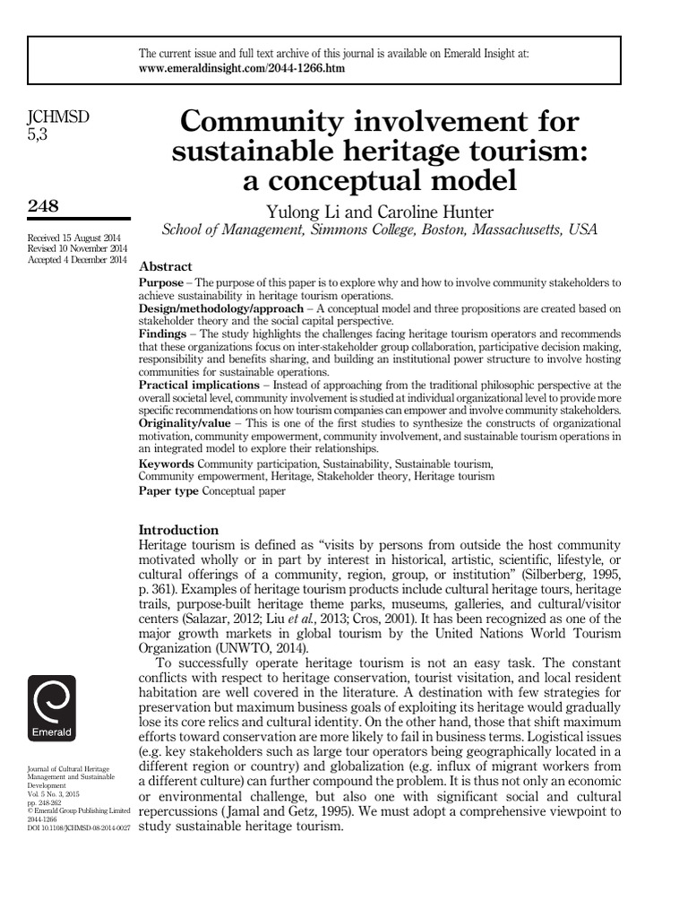 Li and Hunter (2014) Community Involvement For Sustainable Heritage Tourism - A Conceptual Model ...