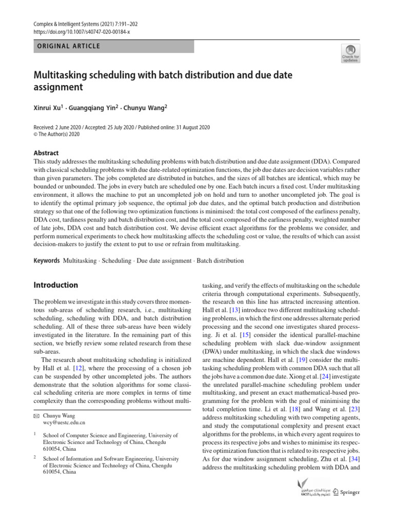 Xu vd. - 2021 - Multitasking scheduling with batch distribution an | PDF | Scheduling (Computing ...