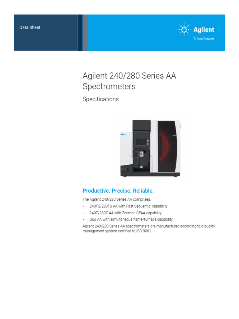 Agilent AA 240:280 Data Sheet | PDF | Atomic Absorption Spectroscopy | Spectrometer