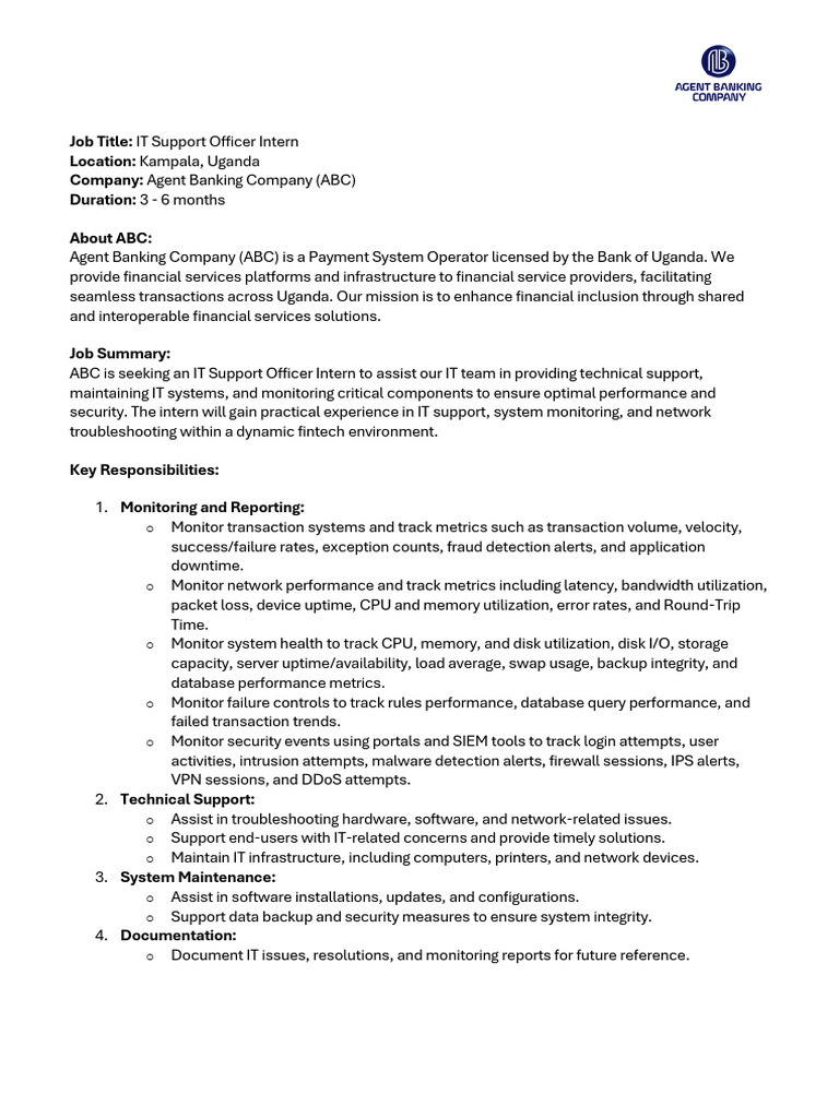 IT Support Intern at Agent Banking Company | PDF | Computer Network ...