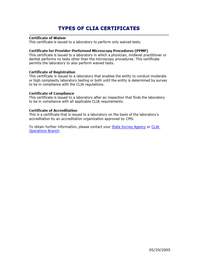 Types of CLIA Certificates | PDF