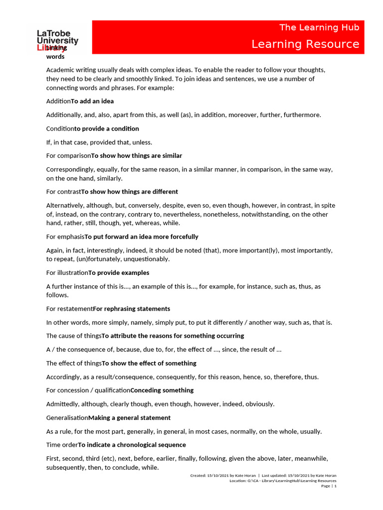 Common Linking Words in Writing | PDF | Linguistics | Cognitive Science